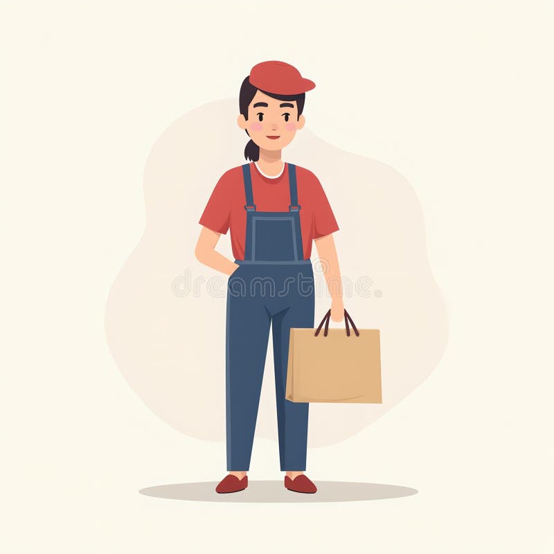 Modern Flat Design Retail Worker Icon with Shopping Bag in Soft Red and ...