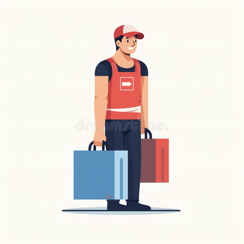 Modern Flat Design Retail Worker Icon with Shopping Bag in Soft Red and ...