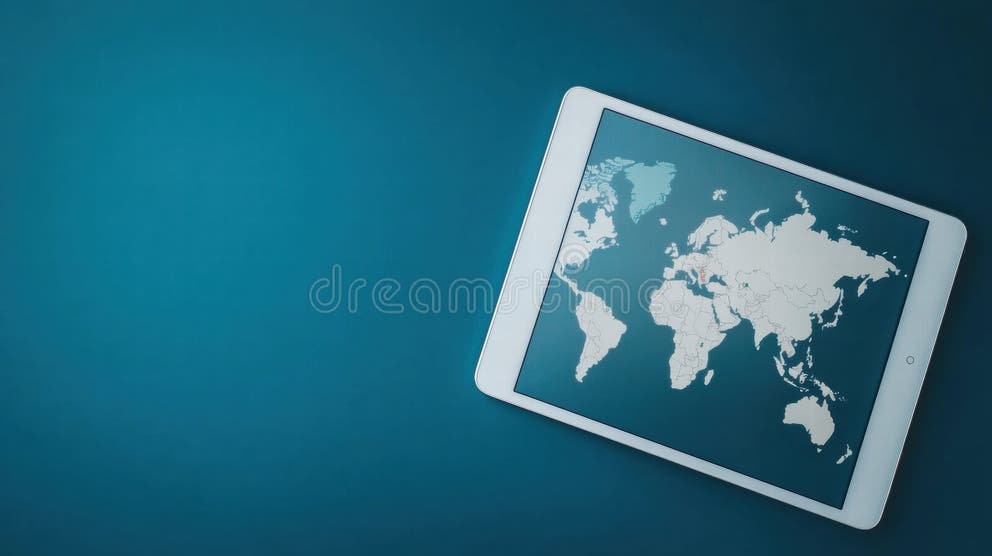 Modern Flat Lay Design Featuring a Tablet with a World Map on a Solid ...