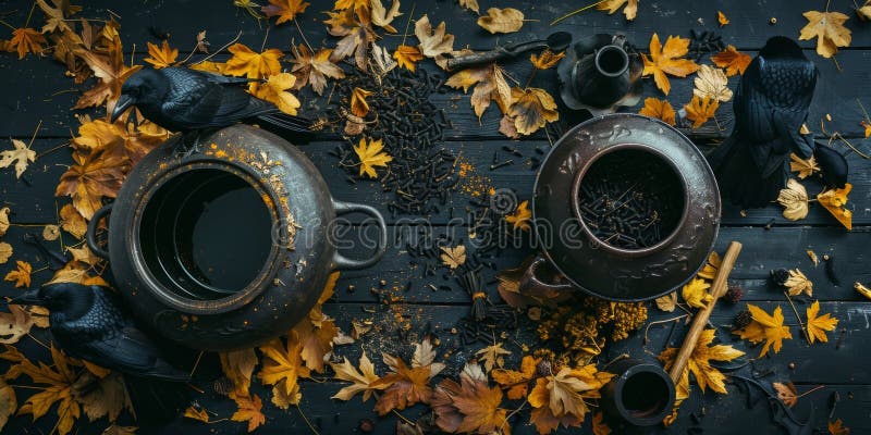Modern Flat Lay Display with Cauldrons and Ravens Stock Illustration ...