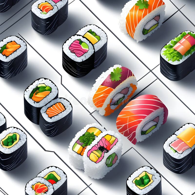 A Modern Flat-lay Illustration of Sushi Rolls Arranged in a Perfect ...