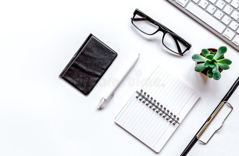 Modern Flat Lay with Office Items on White Desk Background Top View ...