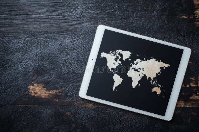 Modern Flat Lay Showcasing a Tablet with a Detailed World Map on a ...