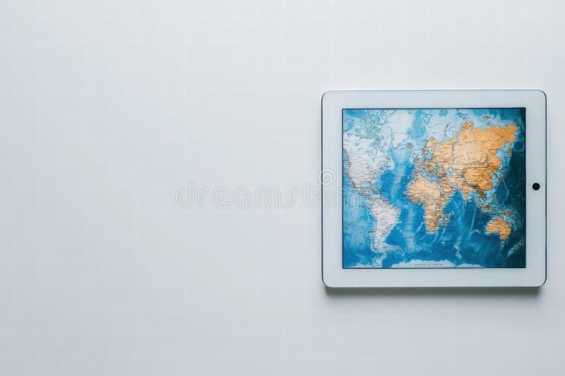 Modern Flat Lay with a Tablet Showing a Detailed World Map and ...