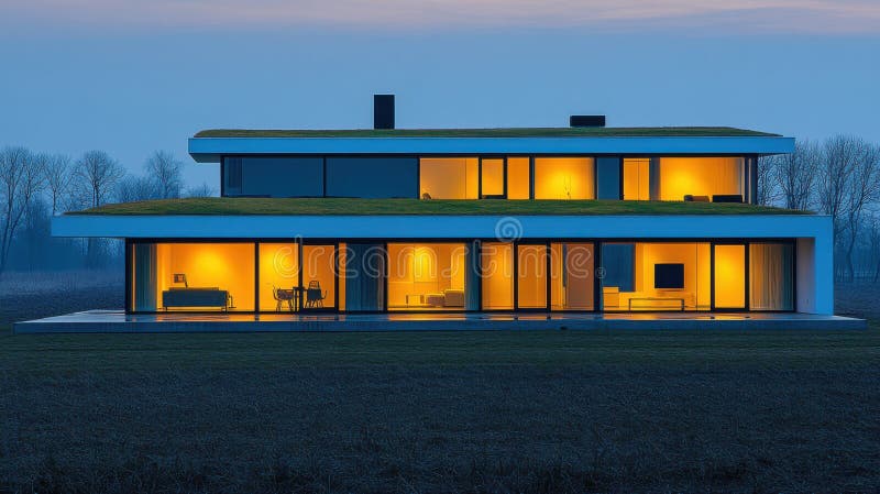 Modern Flat Roof House with Illuminated Windows at Dusk Stock ...