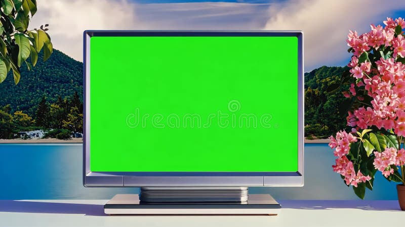 A Modern Flat-screen Tv with a Green Screen Set Outdoors in a Scenic ...