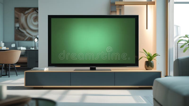 a Modern Flat-screen TV with a Green Screen Mockup Displayed on the ...