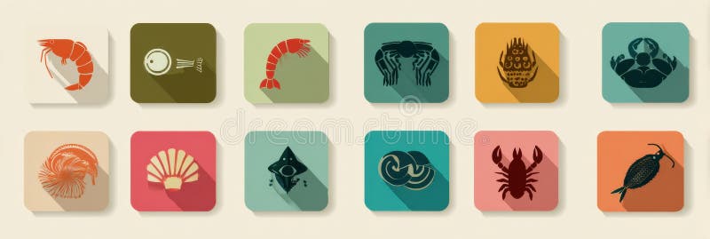 Modern Flat Seafood Icons Arranged on a Neutral Grid Background ...