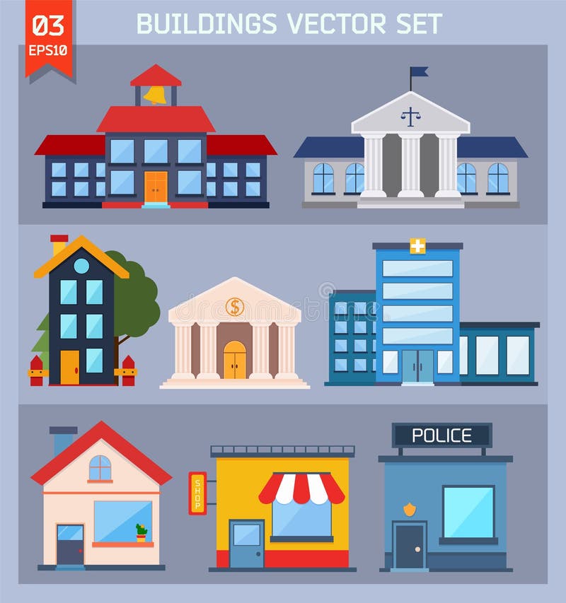 Modern Flat Vector Buildings Set. Stock Vector - Illustration of ...