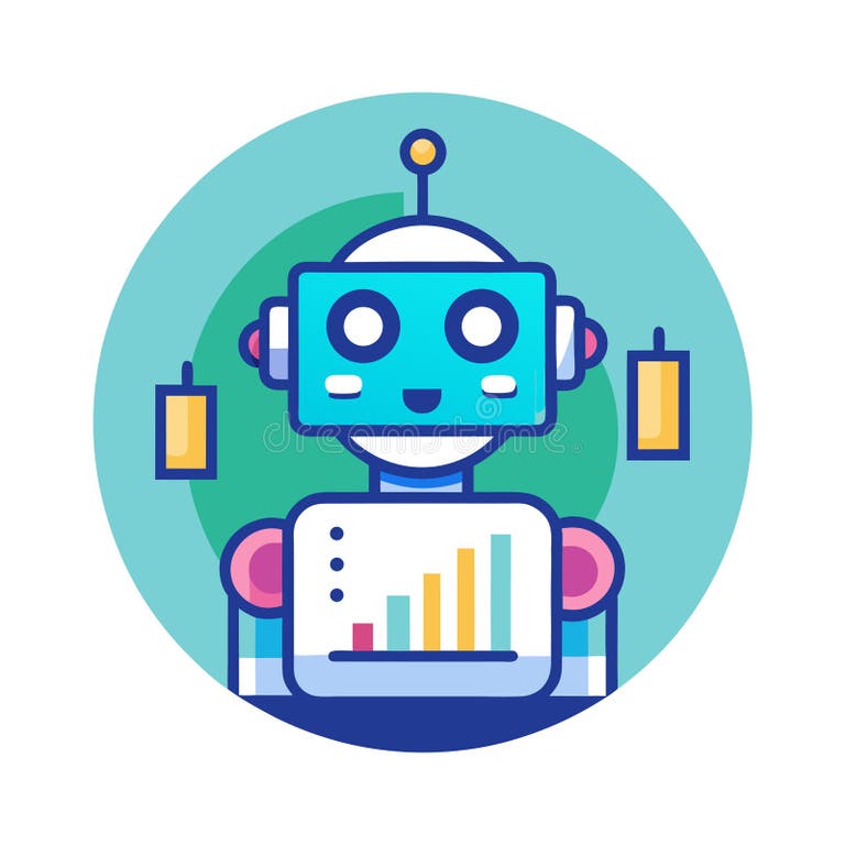 Modern Flat Vector Robot Character with Data Chart on Body in Circle ...