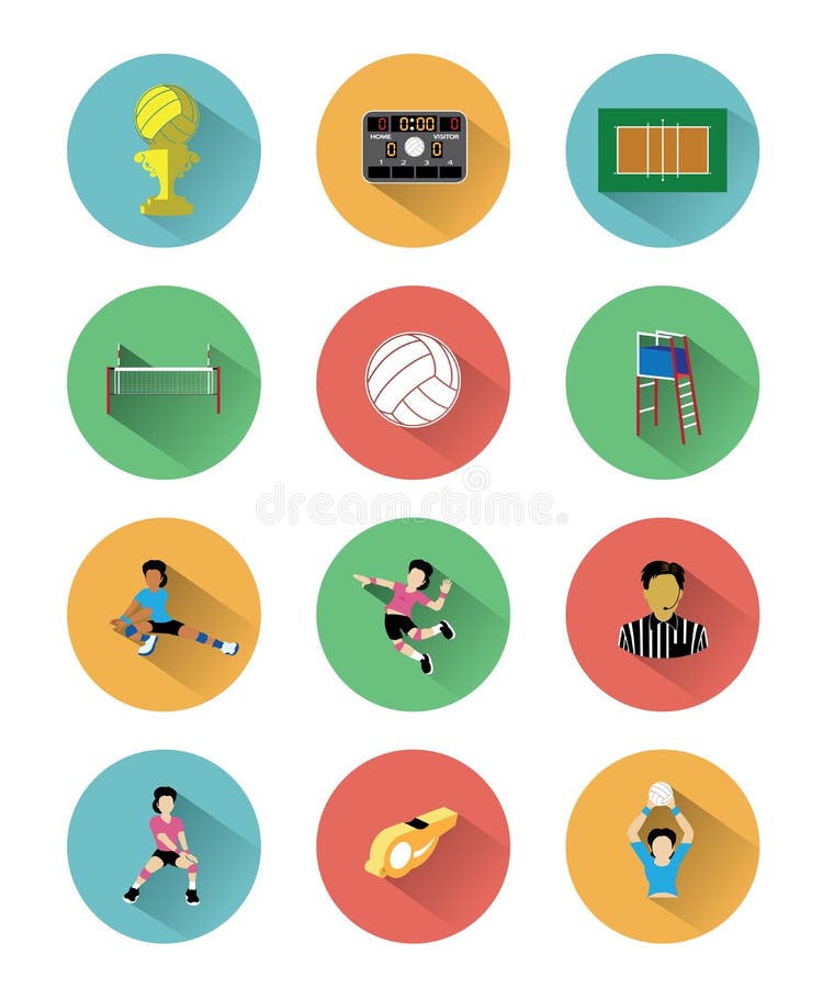 Modern Flat Volleyball Icons Set with Long Shadow Effect Stock Vector ...