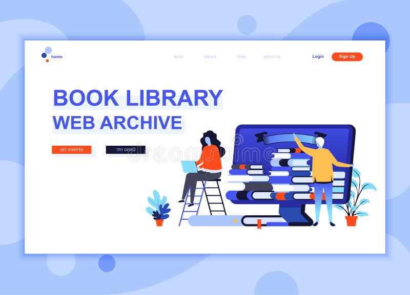 Modern Flat Web Page Design Template Concept of Book Library Decorated ...