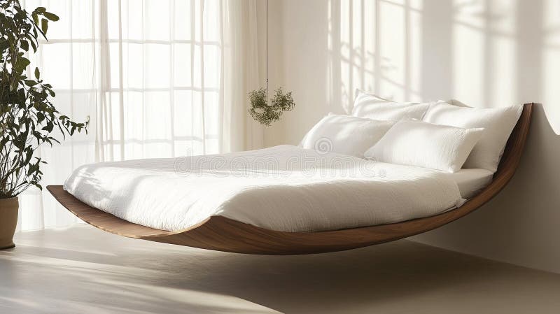 A Modern Floating Bed Frame Styled with Crisp White Linens in a Bright ...