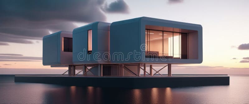 Modern Floating Home at Sunset: Architectural Innovation on Calm Waters ...