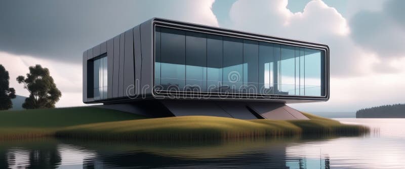 Modern Floating House on Tranquil Lake with Panoramic Glass Design ...