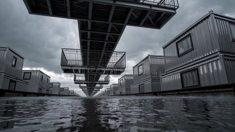 Modern Floating Houses Community with Metallic Containers and Elevated ...