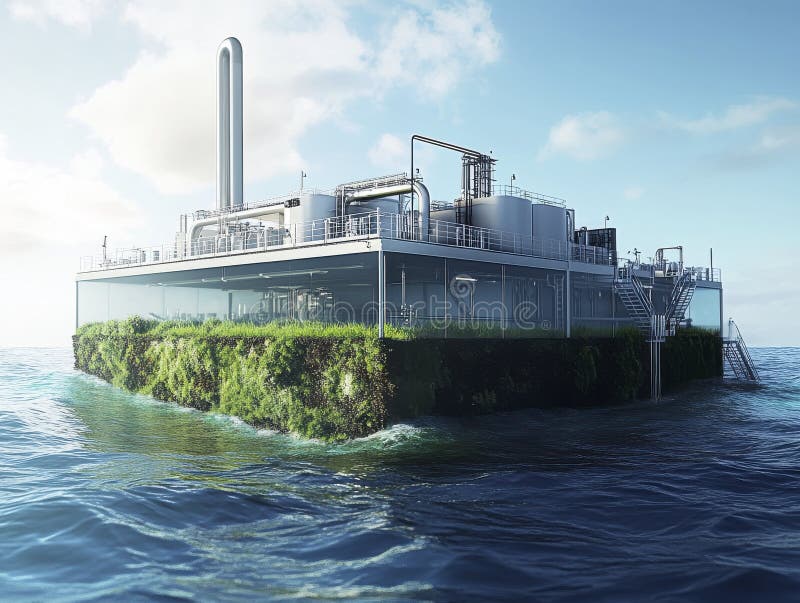Modern Floating Offshore Structure with Vegetation Base in Sunny Ocean ...