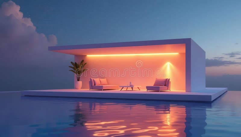 Modern Floating Pavilion at Sunset Over Calm Water, Illuminated by Warm ...
