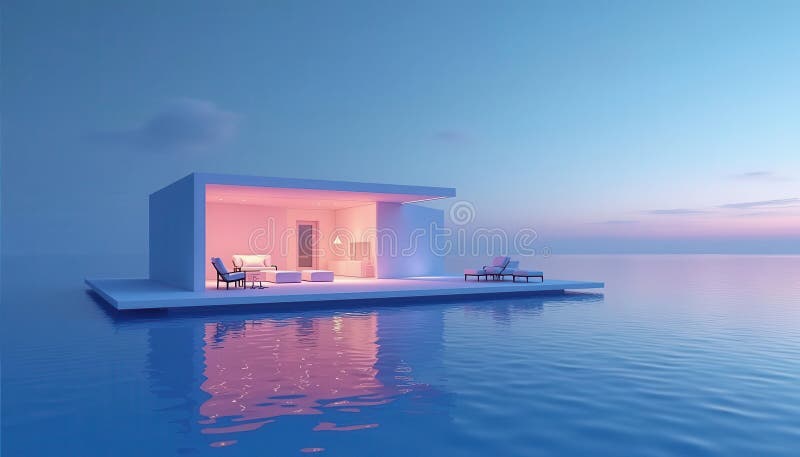 Modern Floating Pavilion at Sunset Over Calm Water, Illuminated by Warm ...
