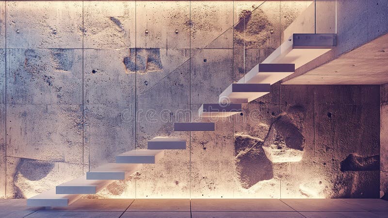 Modern Floating Staircase in Concrete Loft Interior Stock Image - Image ...