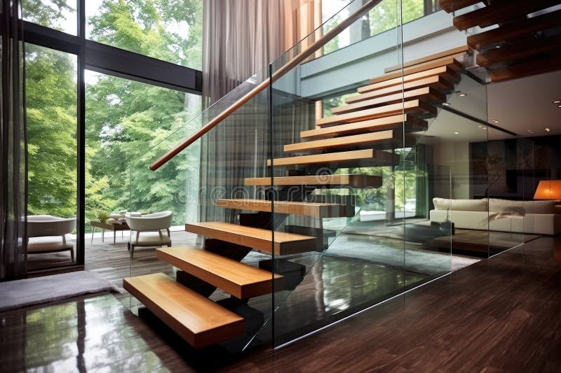 Modern Floating Staircase with Glass Railing Stock Illustration ...