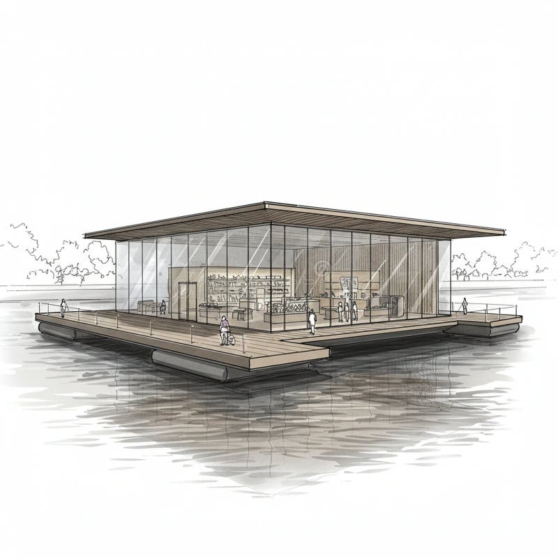 Modern Floating Structure with Glass Walls and a Flat Roof Situated on ...