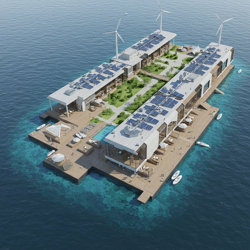 Modern Floating Structure with Two Rectangular Buildings Featuring Flat ...