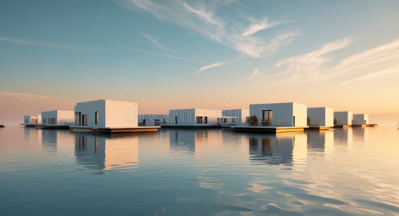 Modern Floating Village at Sunset on Tranquil Waters Stock Image ...