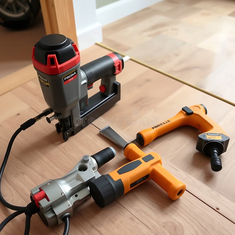 A Modern Flooring Installation Setup with a Pneumatic Stapler Hammer ...