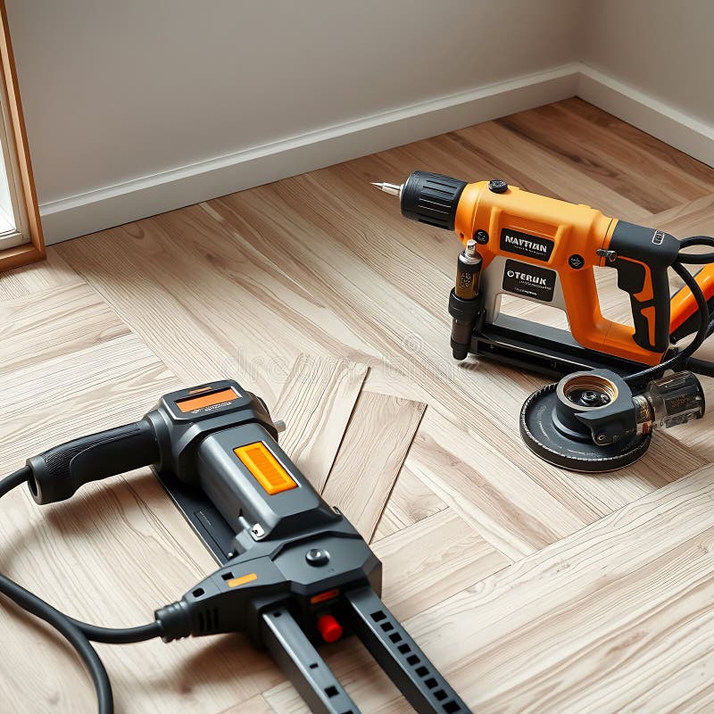 A Modern Flooring Installation Setup with a Pneumatic Stapler Hammer ...
