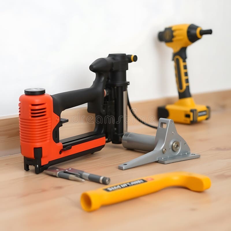 A Modern Flooring Installation Setup with a Pneumatic Stapler Hammer ...