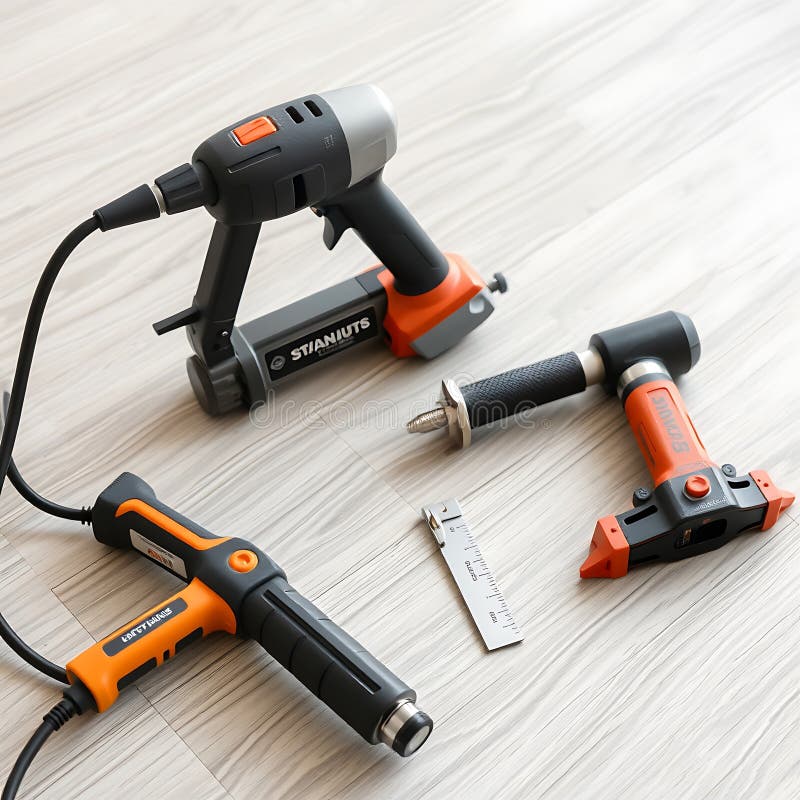 A Modern Flooring Installation Setup with a Pneumatic Stapler Hammer ...