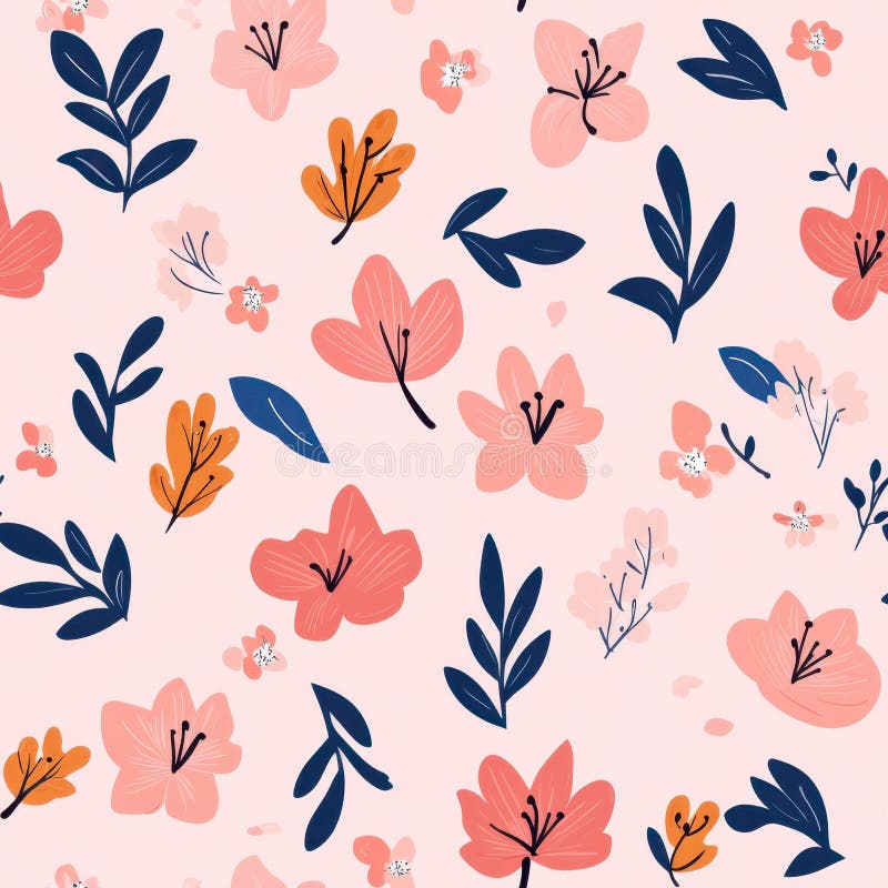 Modern Floral Pattern with Pink and Orange Flowers on Pastel Background ...