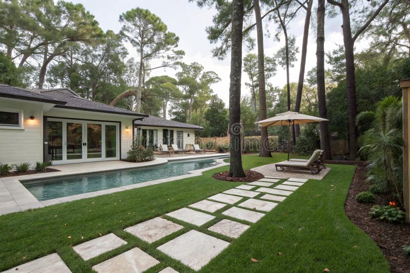 Modern Florida Backyard with Pool, Artificial Grass, and Umbrella Stock ...