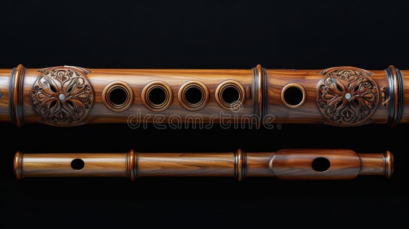 A Modern Flute with Playing Holes on a Black Background. Musical ...