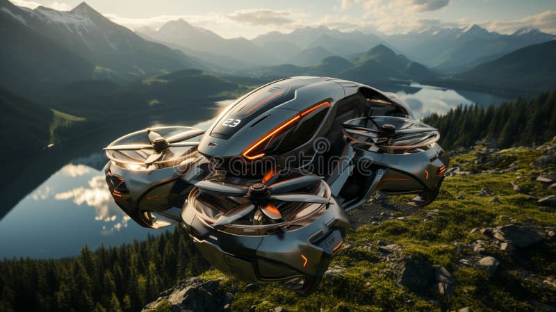 A Modern Flying Car Flying in the Clean Sky Stock Illustration ...