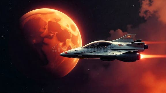 A Modern Flying Ship in Space. Stock Image - Image of fire, journey ...