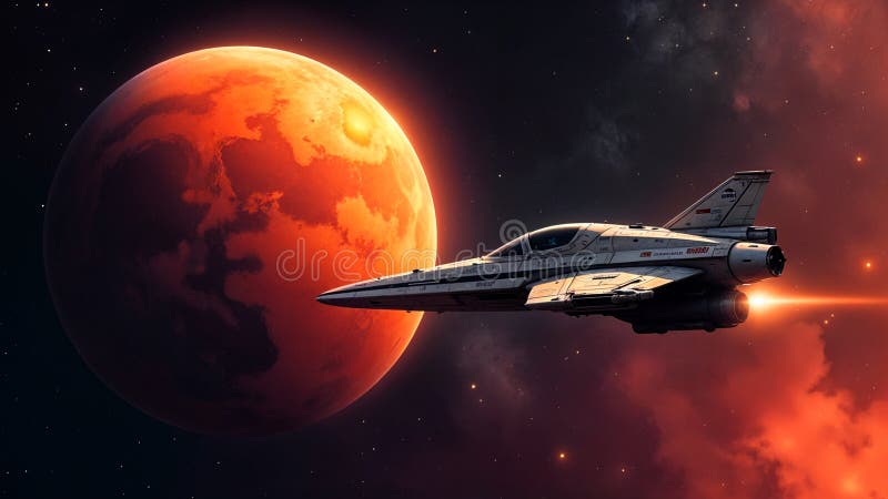 A Modern Flying Ship in Space. Stock Image - Image of flight, fire ...