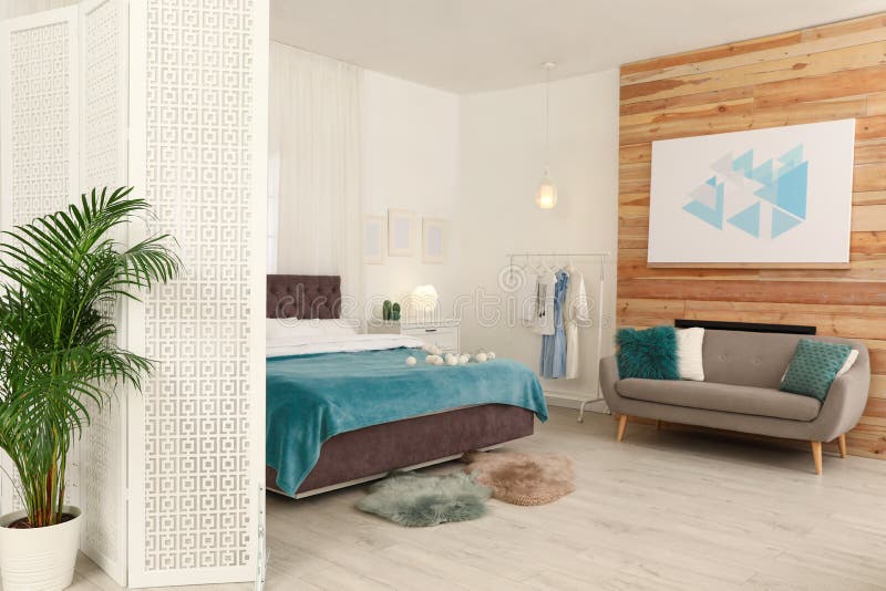 Modern Folding Screen in Bedroom Interior Stock Photo - Image of flat ...