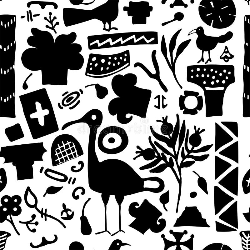 Modern Folklore Black Seamless Pattern. Hand Drawn Abstract ...
