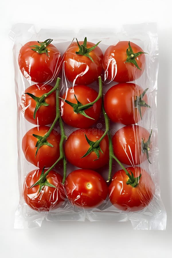 Modern Food Packaging with Ripe Tomatoes and Reflective Texture Stock ...