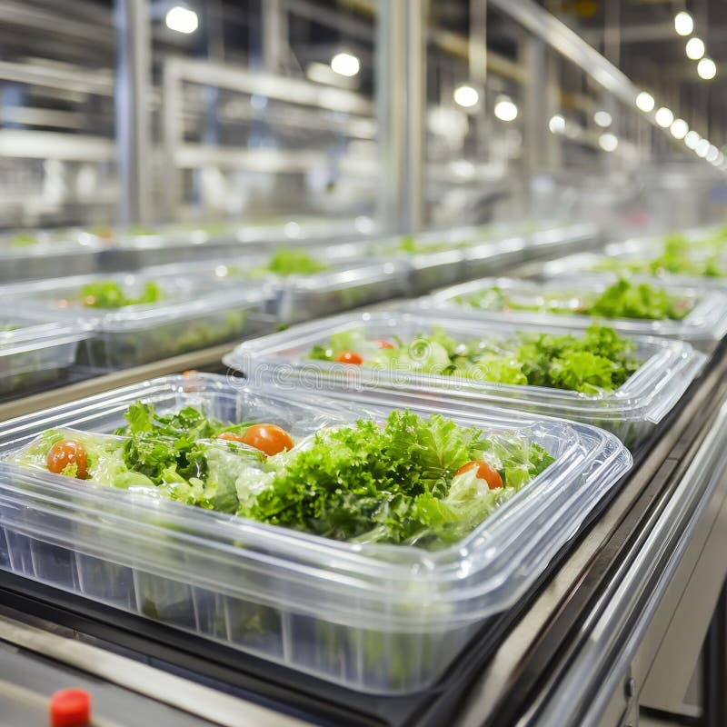 In a Modern Food Processing Facility, Fresh Salads are Situated on a ...
