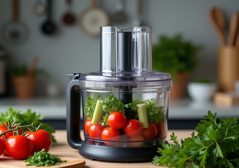Modern Food Processor with Fresh Vegetables and Tomatoes Stock Image ...