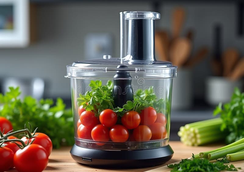 Modern Food Processor with Fresh Vegetables and Tomatoes Stock Image ...
