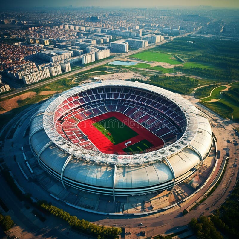 Modern Football Stadium Under a Bright Blue Sky with White Clouds Stock ...