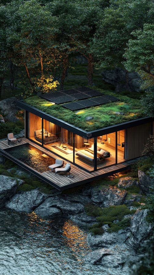 Modern Forest Cabin with Green Roof, Pool, and River View at Dusk Stock ...