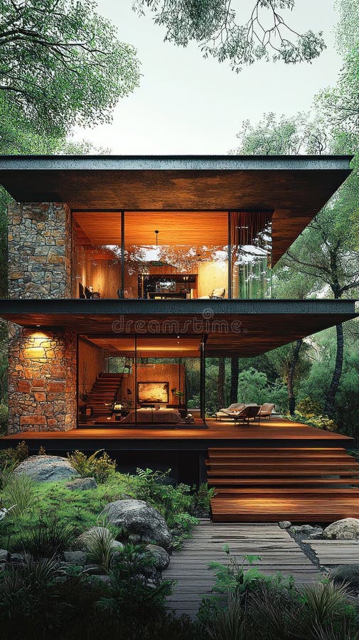 Modern Forest Home Exterior at Dusk with Interior View Stock ...