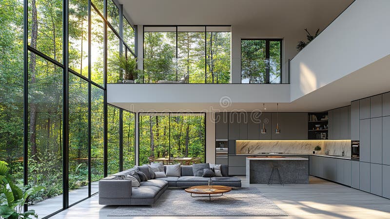 Modern Forest Home Interior Design, Open Plan Living Stock Illustration ...