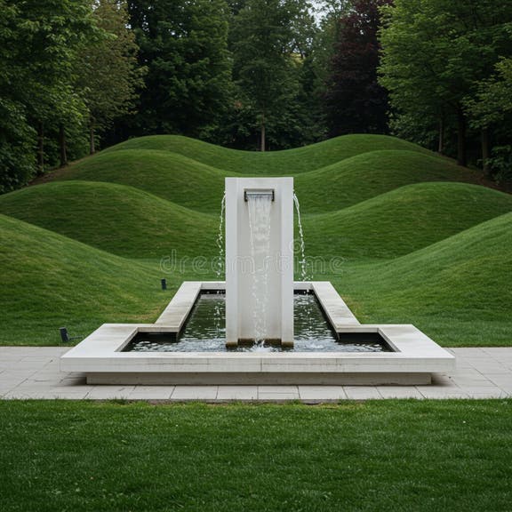 Modern Fountain Featuring a White Rectangular Structure from Which ...