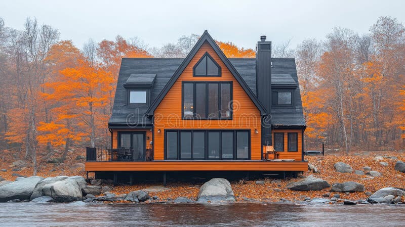 Modern a Frame Cabin in Autumnal Forest by a Lake Stock Image - Image ...